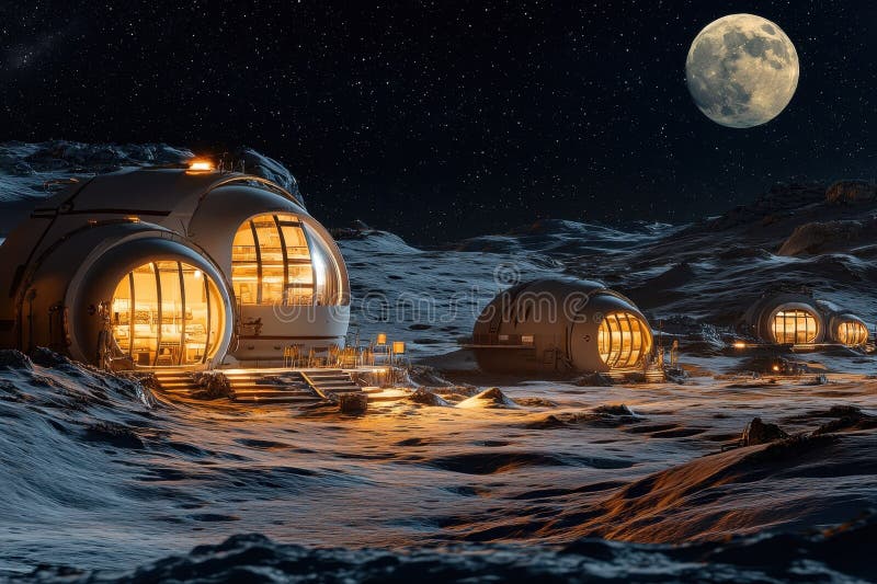 Lunar Habitation Modules Illuminate the Surface Under a Bright Moonlit ...