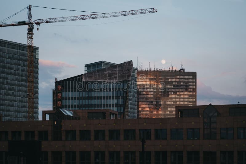 Moon in the Blue Sky Over Modern Newly Built Buildings in Luxembourg ...