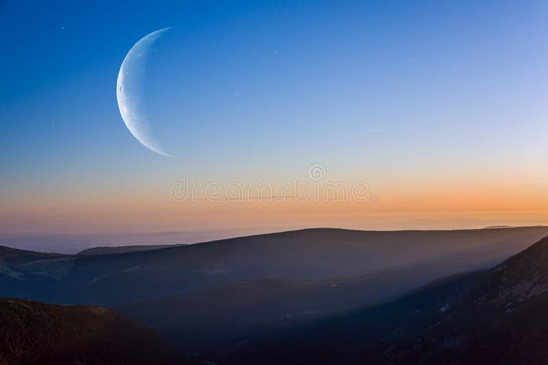 Moon in Bright Clouds of Sunset Sun . New Moon . Stock Image - Image of ...