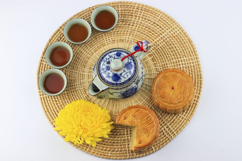 Moon Cakes and Tea on Wicker Tray Stock Image - Image of baking ...