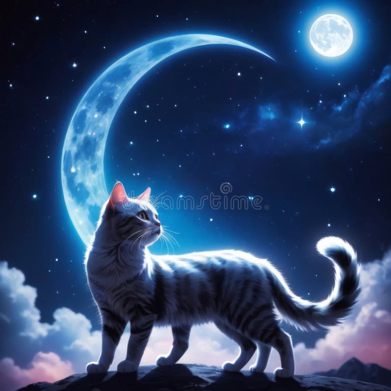Moon Cat in the Light of Two Moons Stock Illustration - Illustration of ...