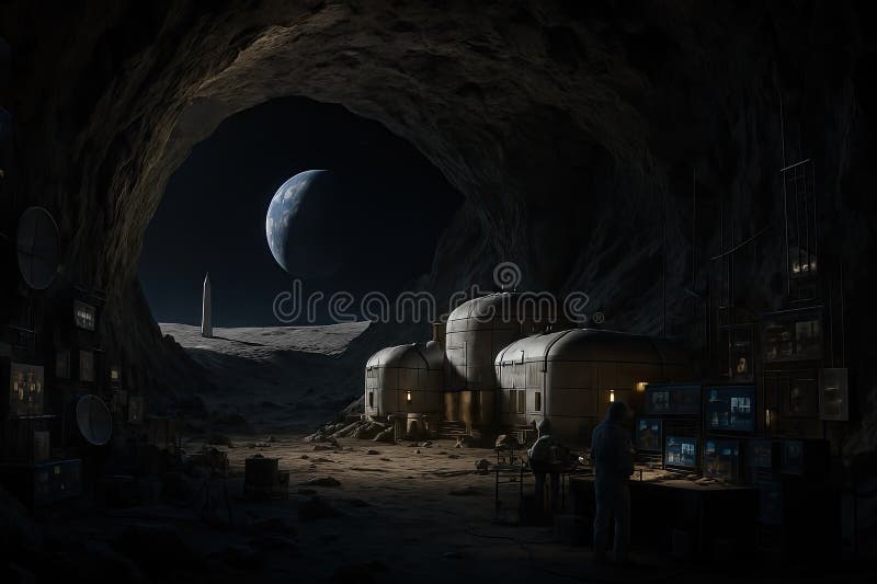 Moon Cave Base with Scientific Equipment and View of Earth Stock Image ...