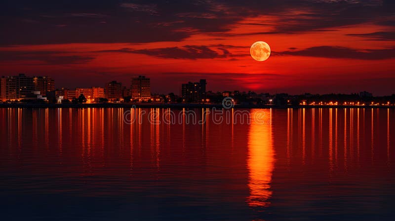 Moon City: Big Red Moon and the City Island at Night Stock Illustration ...