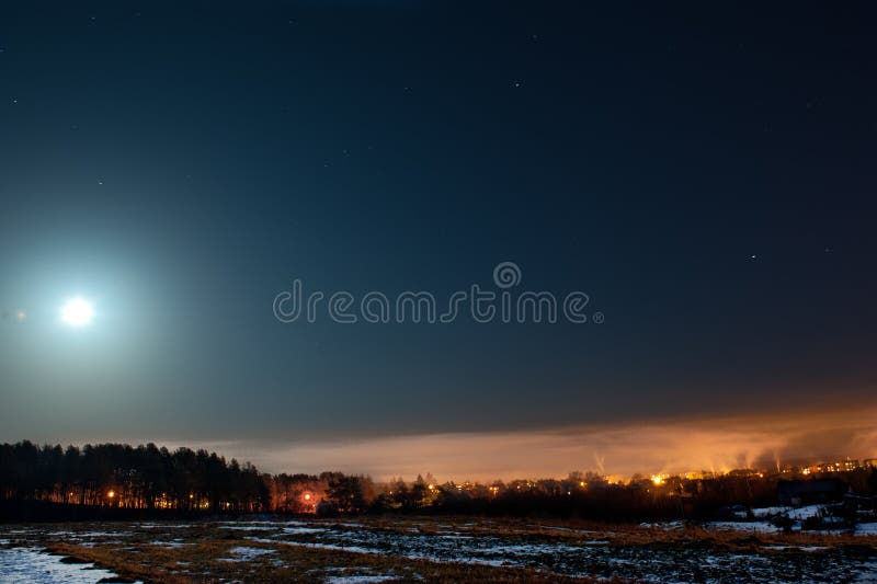 Moon without Clouds in the Night Sky. Landscape Photographed in the ...