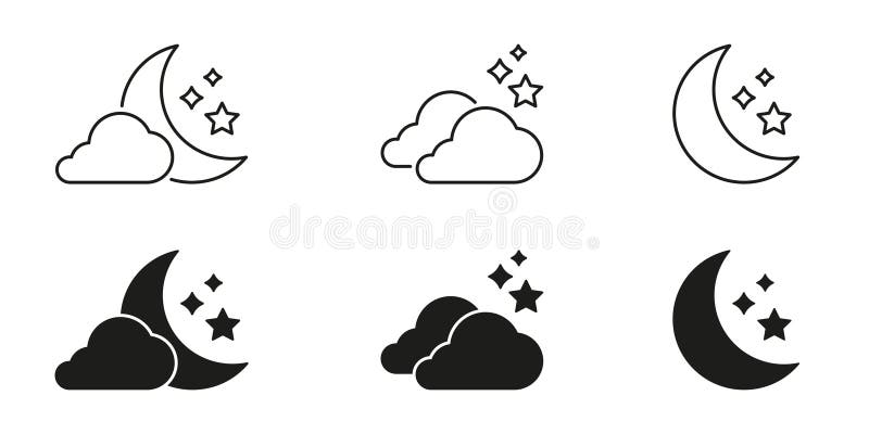Moon, Clouds, and Stars Line and Solid Icon Set. Nighttime Weather ...