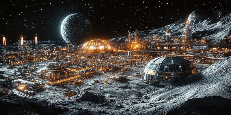 A Moon Colony with Illuminated Domes, Buildings, and Structures Set ...