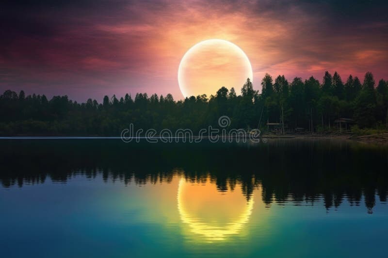 Moon with Colorful Halo Above Lake Reflection Stock Illustration ...