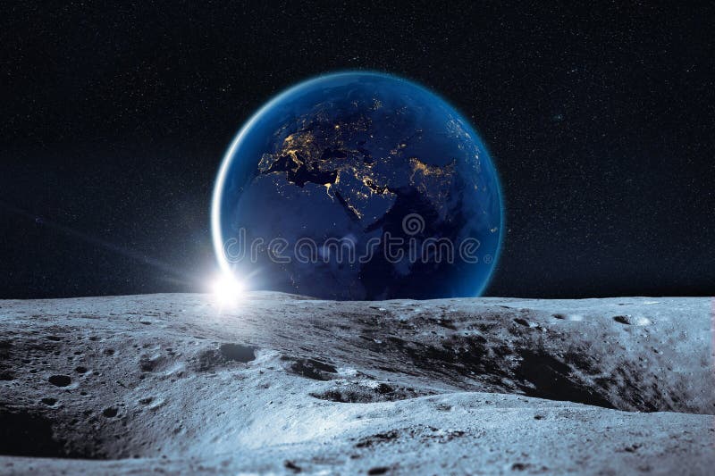 Moon with Craters in Deep Space. Moon and Earth at Night Stock Photo ...