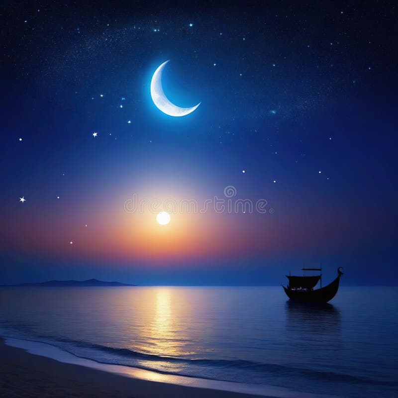 The Moon and Crescent are Featured in the Sky with Stock Illustration ...