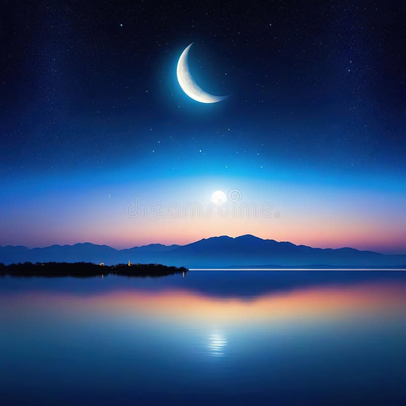 The Moon and Crescent are Featured in the Sky with Stock Illustration ...