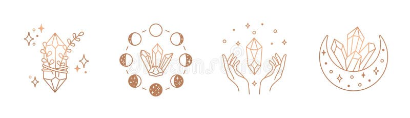 Moon Crystal, Line Art Vector Logo. Boho Crystal with Phases of Moon ...