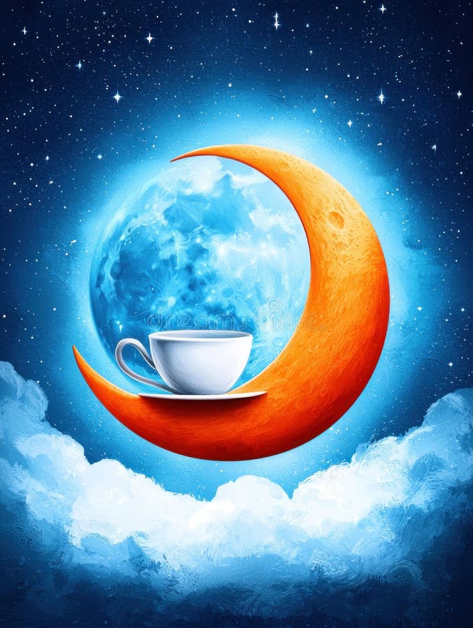 Moon and Cup on Crescent Above the Clouds Stock Illustration ...