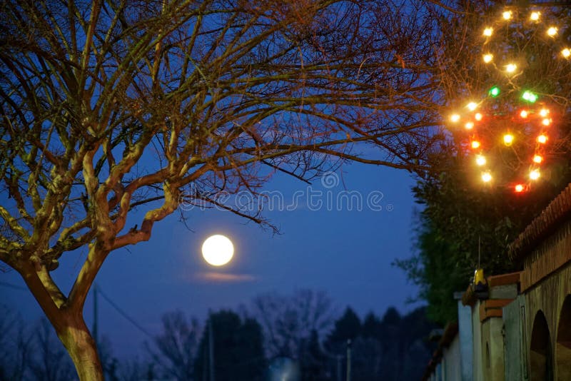 Moon at Deep Night and Black Sky and Lights Stock Photo - Image of ...