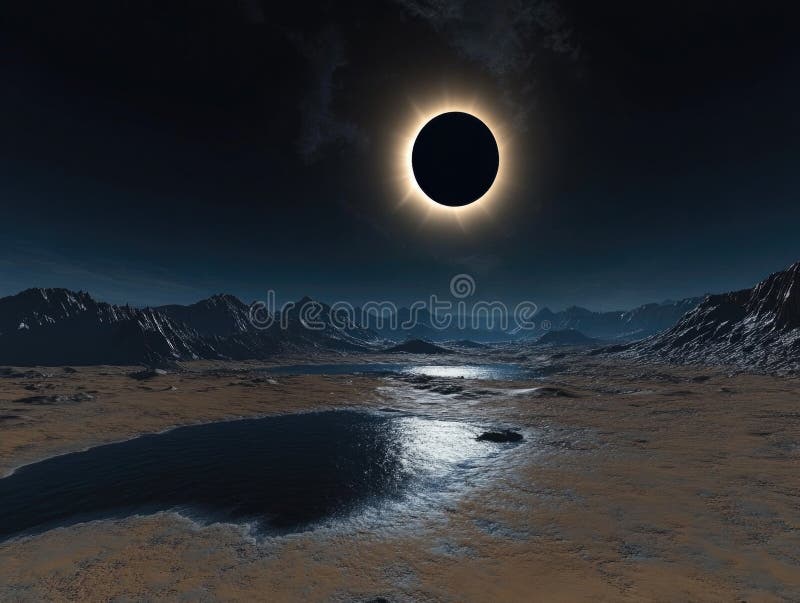 Moon Eclipses Sun Over Mountains Desert Night Sky Stock Image - Image ...