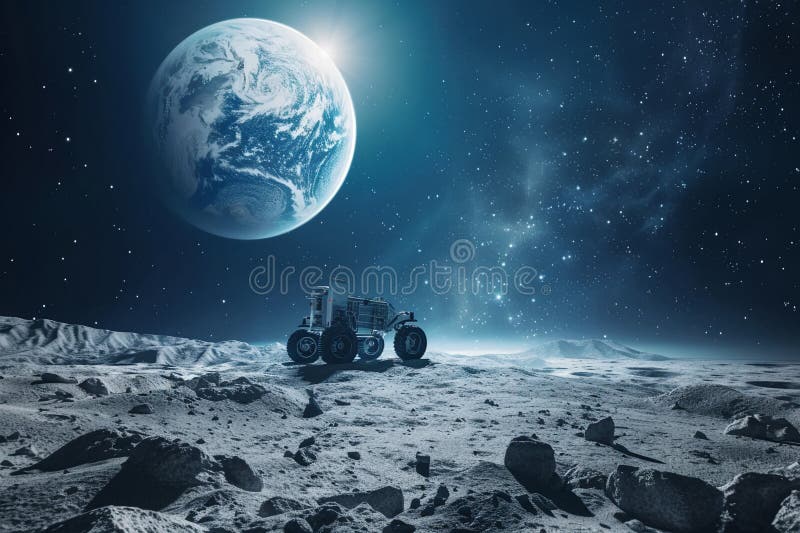 Moon Exploration: Lunar Rover on Surface with Earth View in Space and ...