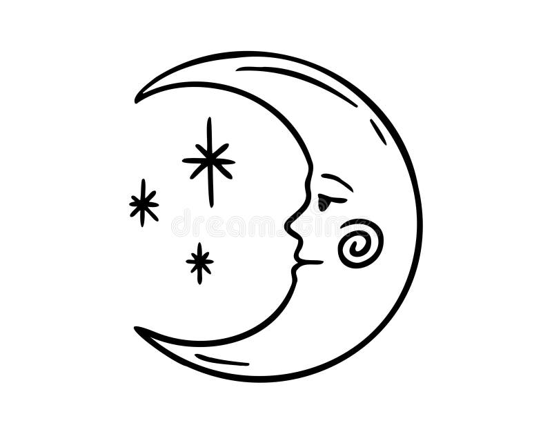 Moon Face Doodle Element. Mystical Cartoon Whimsical Boho Style. Moon ...