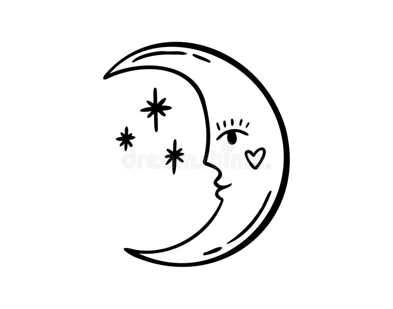 Moon Face Doodle Element. Mystical Cartoon Whimsical Boho Style. Moon ...