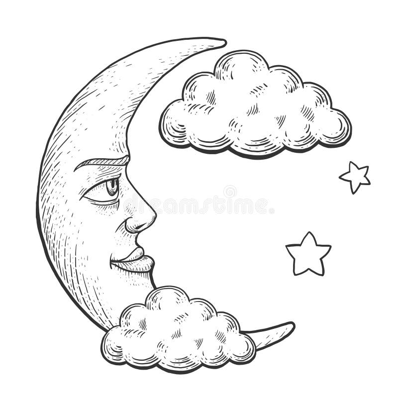 Moon with Face Engraving Style Vector Illustration Stock Vector ...