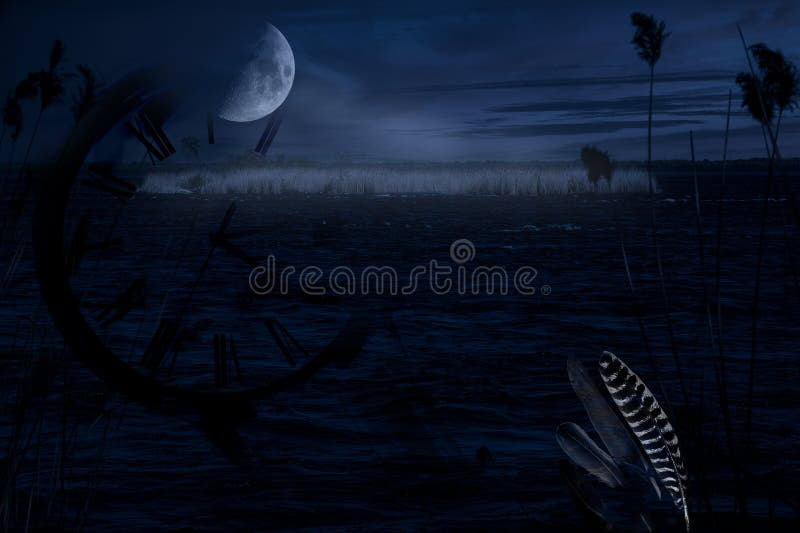 Moon Feather and Clock Night Montage on a River Stock Illustration ...