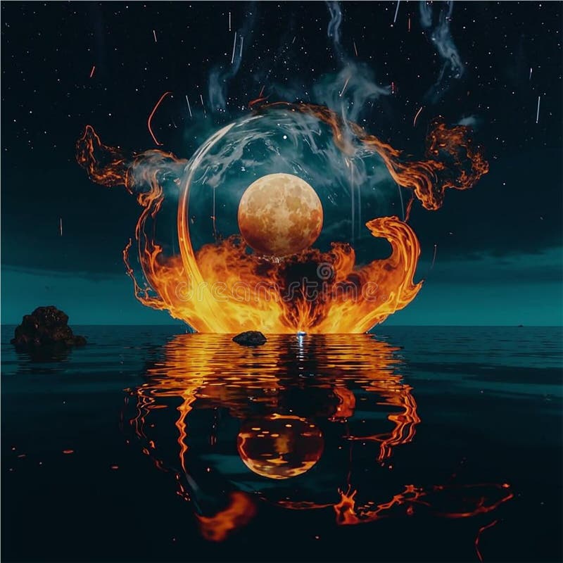 Moon on fire over water stock photo. Image of universe - 354353054