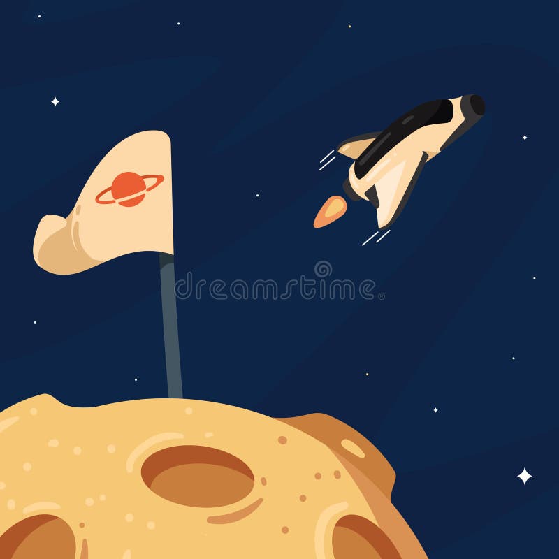 Moon with Flag and Spaceship Stock Vector - Illustration of exploring ...