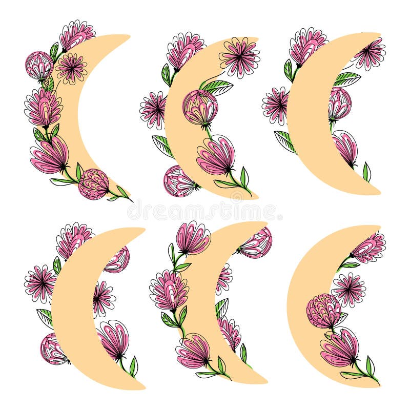 Moon with Flowers, Hand-drawn Doodle-style Elements. Fantasy Flowers ...