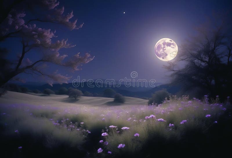 The Moon and Flowers are Shown on the Night Sky Stock Illustration ...