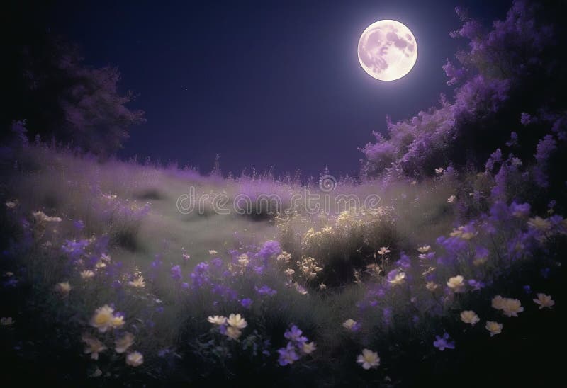 The Moon and Flowers are Shown on the Night Sky Stock Illustration ...