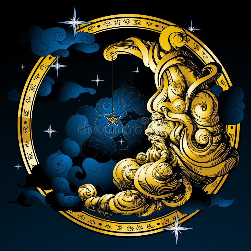 The Moon in the Form of an Old Man Stock Illustration - Illustration of ...