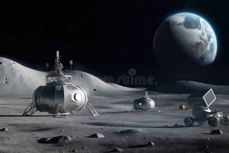 The Moon, in the Future, with a Lunar Base and Rover Visible Stock ...