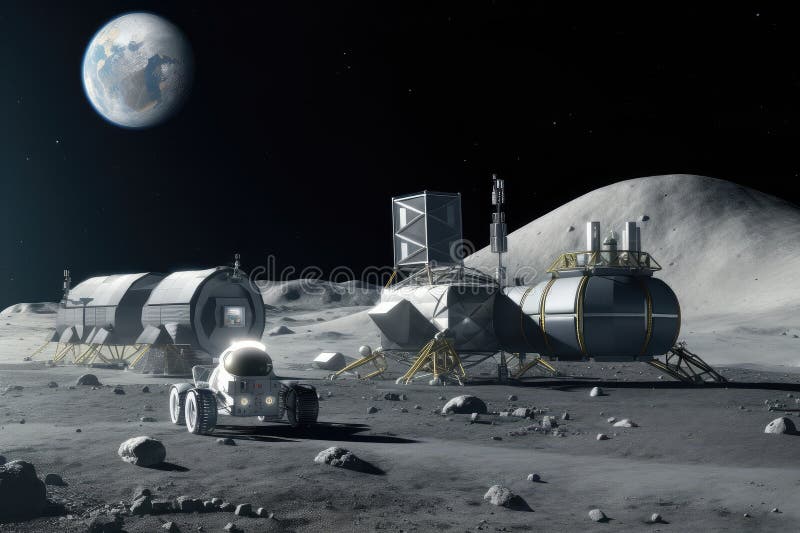 The Moon, in the Future, with a Lunar Base and Rover Visible Stock ...