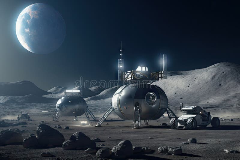 The Moon, in the Future, with a Lunar Base and Rover Visible Stock ...