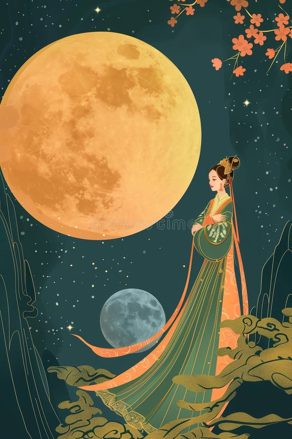 Moon Goddess Chang E Looks Out at Full Moon. Generative AI Stock Photo ...