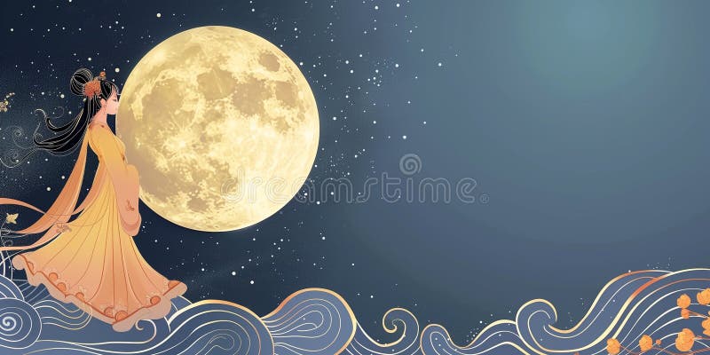 Moon Goddess Chang E Stands on Clouds, Gazing at the Full Moon ...