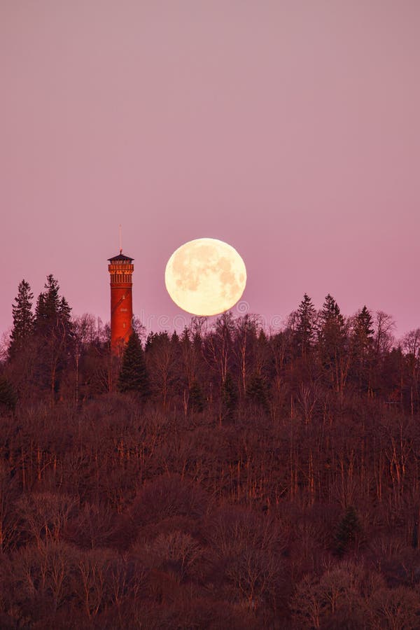 Moon Going Down by a Tower in a the Forest at Sunrise Stock Photo ...