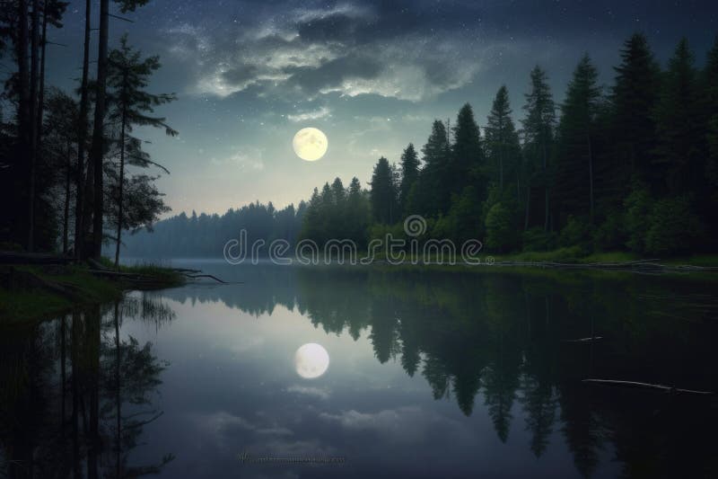 Moon Halo Over a Tranquil Lake Reflecting Moonlight Stock Illustration ...