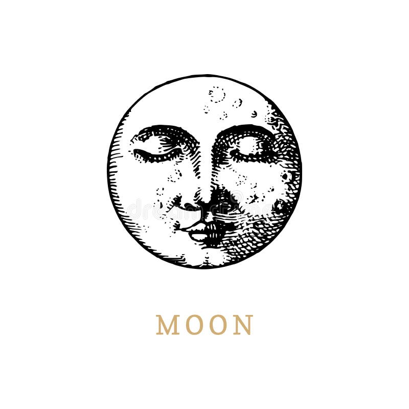 The Moon, Hand Drawn in Engraving Style. Vector Graphic Retro ...