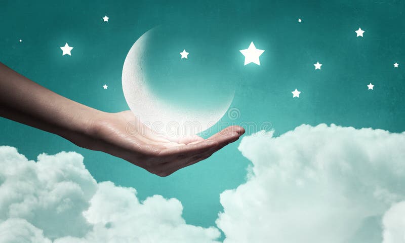 Moon in hand . Mixed media stock photo. Image of sign - 88304196