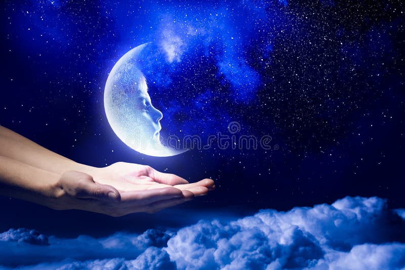 Moon in hand . Mixed media stock photo. Image of giving - 90977898