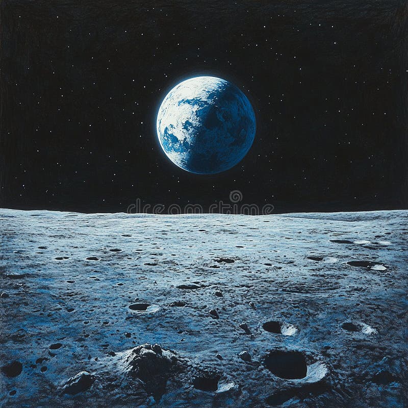 Moon Surface and the Earth, Drawing Sketch Hyper Realistic Stock ...