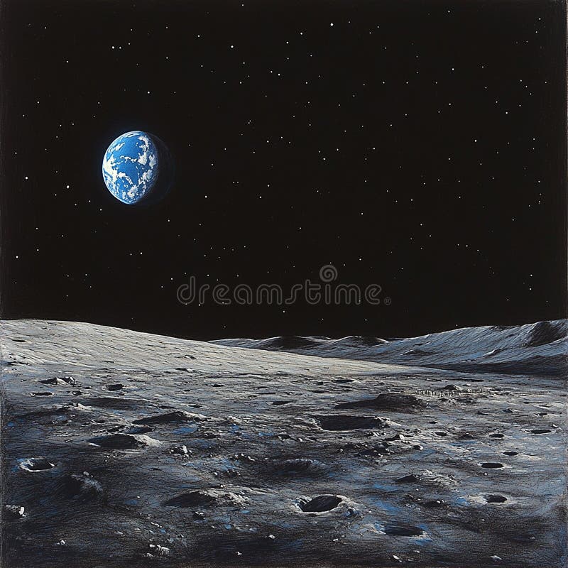 Moon Surface and the Earth, Drawing Sketch Hyper Realistic Stock ...