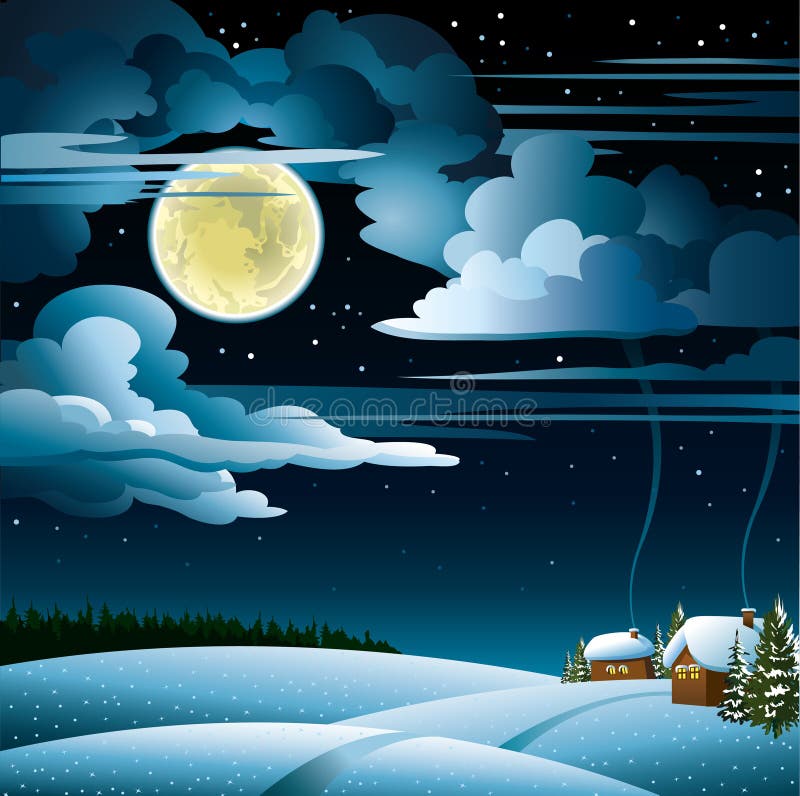 Moon and houses winter stock illustration. Illustration of environment ...