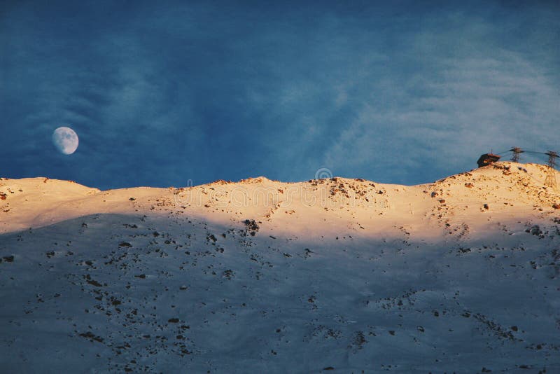 Moon and Hut on a mountain stock image. Image of snowmountain - 49533301