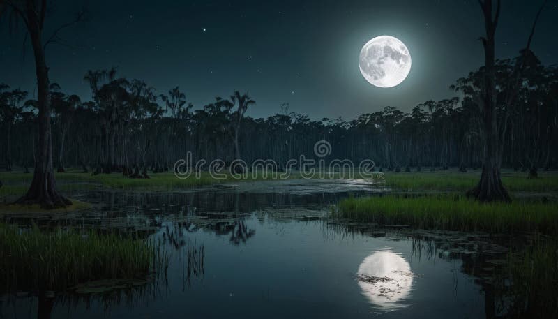 Moon Illuminating a Swamp at Night. Stock Illustration - Illustration ...