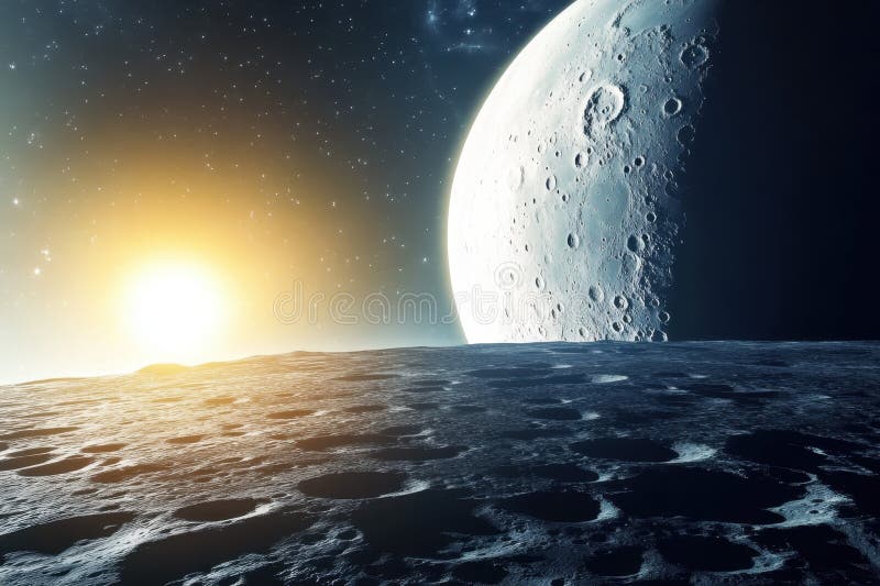 Moon Landscape with Craters Illuminated by Sunrise in a Starry Sky ...