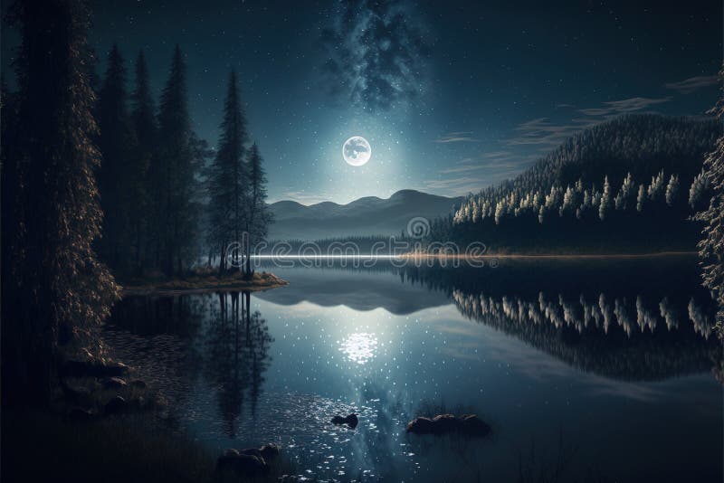 Moon Light at Lake Shining Moon at Night AI Generated Stock Image ...
