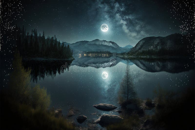 Moon Light at Lake Shining Moon at Night AI Generated Stock Image ...