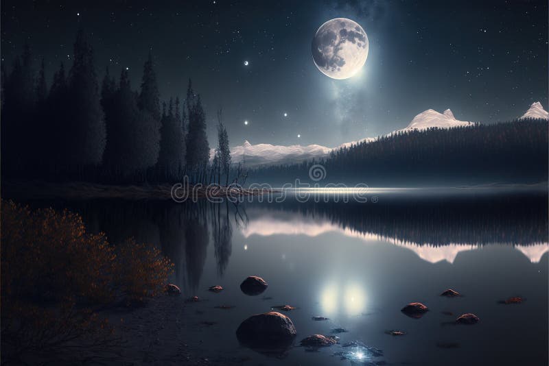 Moon Light at Lake Shining Moon at Night AI Generated Stock Image ...