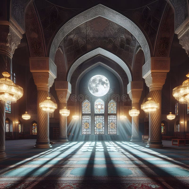 Moon Light Shine through the Window into Islamic Mosque Interior Stock ...