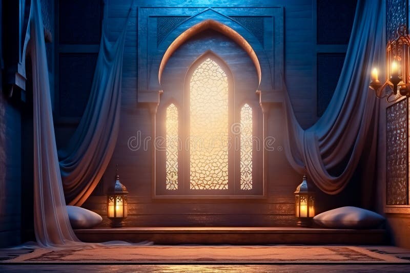 Moon Light Shine through the Window into Islamic Mosque Interior. Stock ...